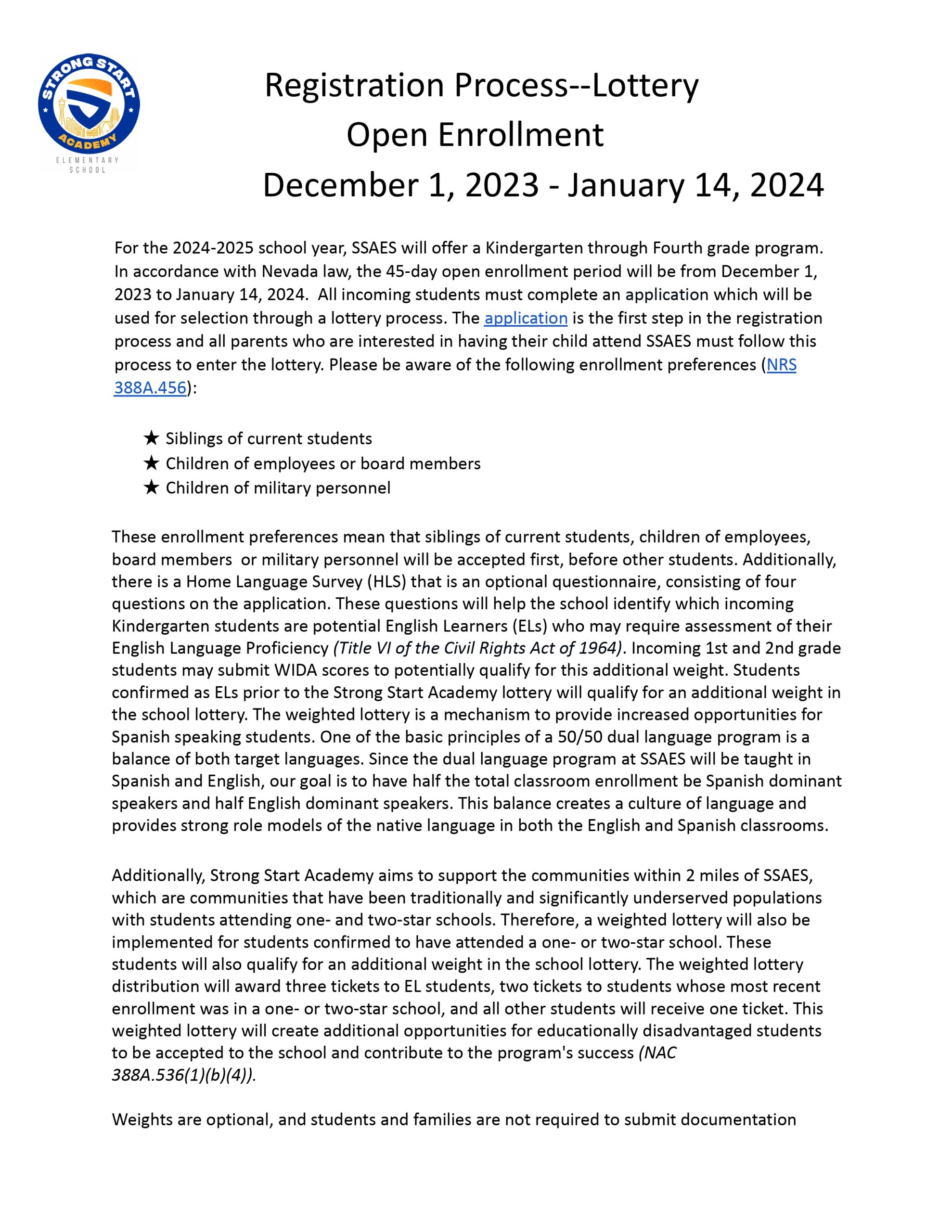Enrollment Lottery Policy – Strong Start Academy Elementary School